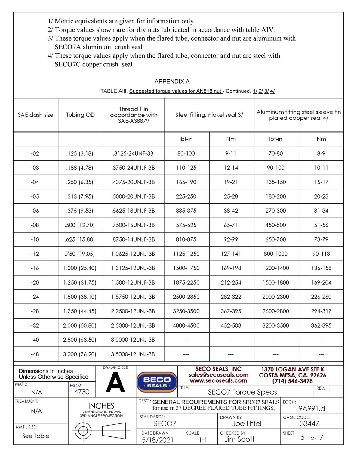 SECO7 Torque Values - SECO SEALS, Inc.
