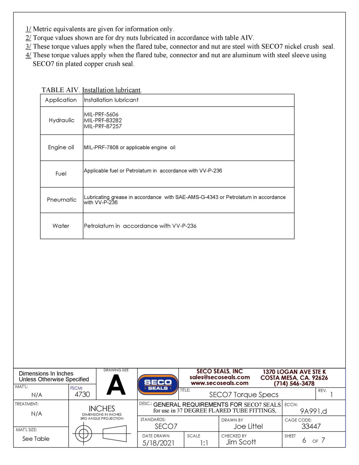 SECO7 Torque Values - SECO SEALS, Inc.